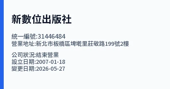 新數位出版社的照片-統編 31446484(新北市) 公司登記資料與營業項目詳細圖表
