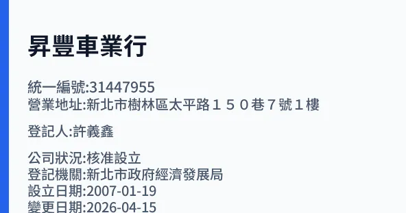 昇豐車業行的照片-統編 31447955(新北市) 公司登記資料與營業項目詳細圖表