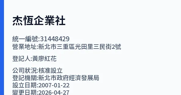 杰恆企業社的照片-統編 31448429(新北市) 公司登記資料與營業項目詳細圖表