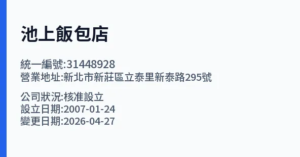 池上飯包店的照片-統編 31448928(新北市) 公司登記資料與營業項目詳細圖表