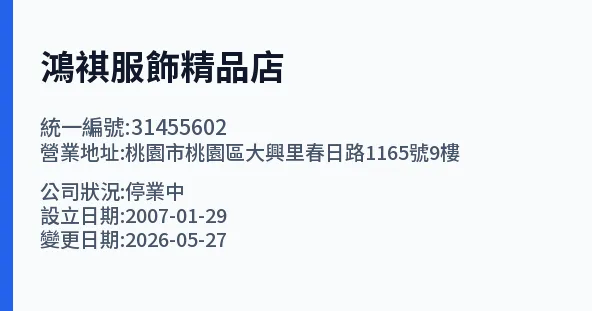 鴻褀服飾精品店的照片-統編 31455602(桃園市) 公司登記資料與營業項目詳細圖表