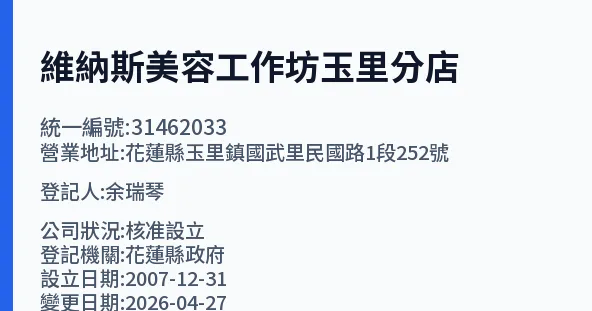 維納斯美容工作坊玉里分店的照片-統編 31462033(花蓮縣) 公司登記資料與營業項目詳細圖表