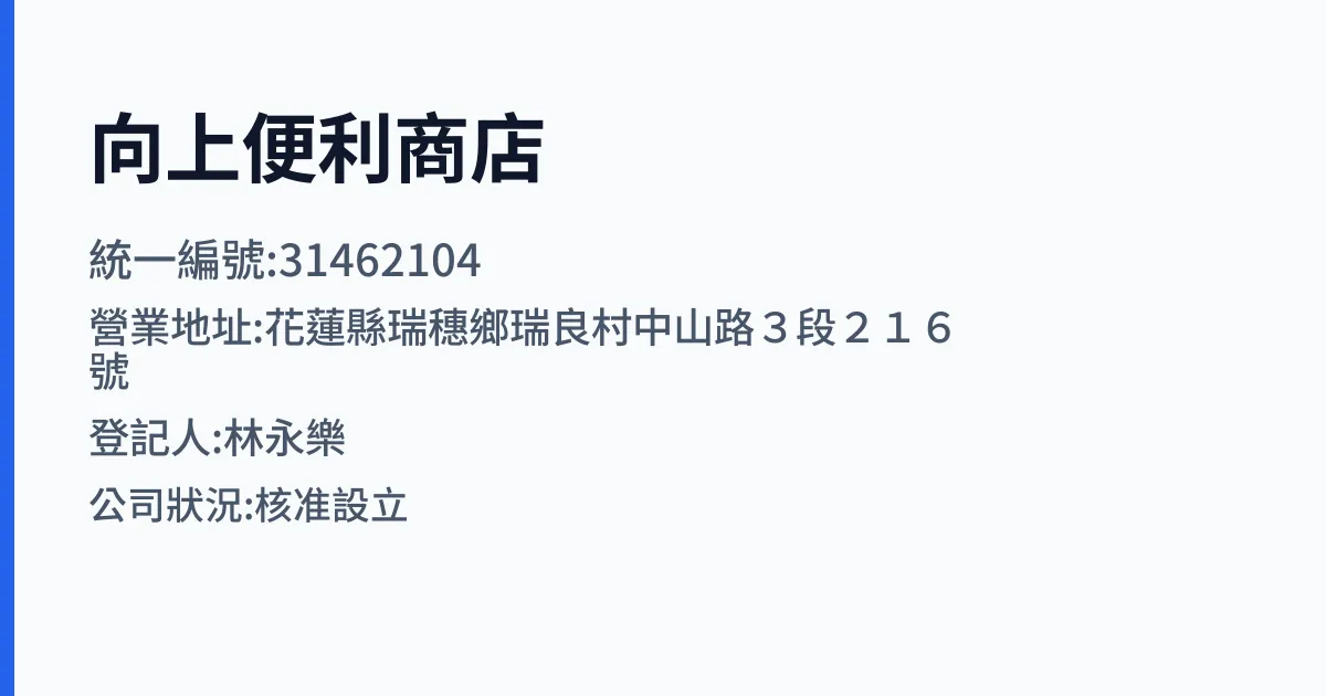 向上便利商店 - 統編 31462104(花蓮縣) 公司登記資料與營業項目詳細圖表
