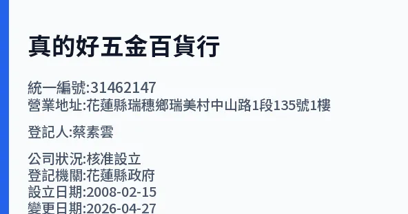 真的好五金百貨行的照片-統編 31462147(花蓮縣) 公司登記資料與營業項目詳細圖表