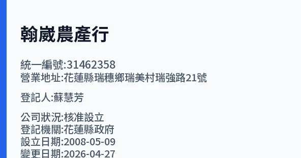 翰崴農產行的照片-統編 31462358(花蓮縣) 公司登記資料與營業項目詳細圖表