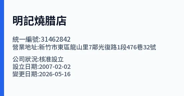 明記燒腊店的照片-統編 31462842(新竹市) 公司登記資料與營業項目詳細圖表