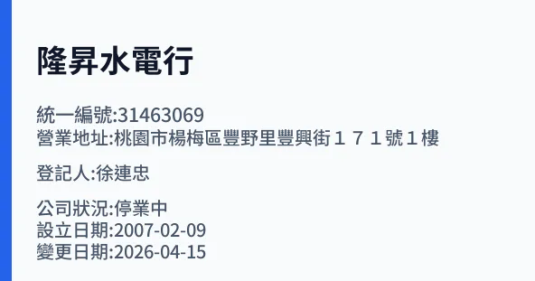 隆昇水電行的照片-統編 31463069(桃園市) 公司登記資料與營業項目詳細圖表