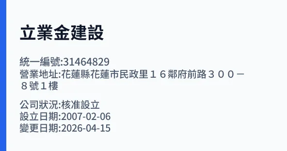 立業金建設的照片-統編 31464829(花蓮縣) 公司登記資料與營業項目詳細圖表