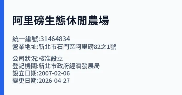 阿里磅生態休閒農場的照片-統編 31464834(新北市) 公司登記資料與營業項目詳細圖表