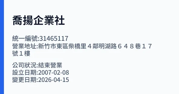 喬揚企業社的照片-統編 31465117(新竹市) 公司登記資料與營業項目詳細圖表