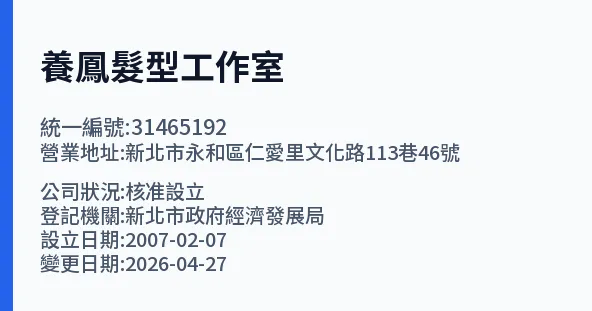 養鳳髮型工作室的照片-統編 31465192(新北市) 公司登記資料與營業項目詳細圖表