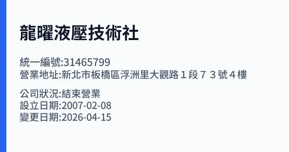 龍曜液壓技術社的照片-統編 31465799(新北市) 公司登記資料與營業項目詳細圖表