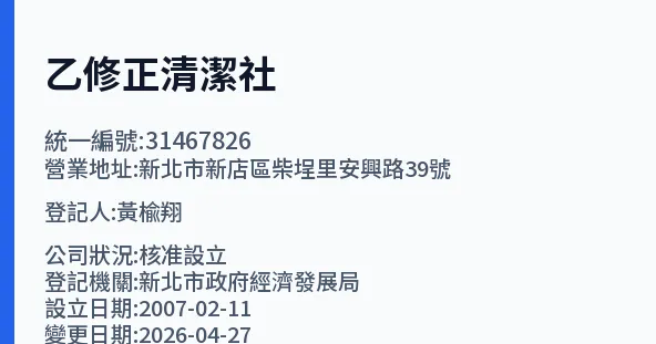 乙修正清潔社的照片-統編 31467826(新北市) 公司登記資料與營業項目詳細圖表