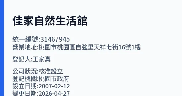 佳家自然生活館的照片-統編 31467945(桃園市) 公司登記資料與營業項目詳細圖表