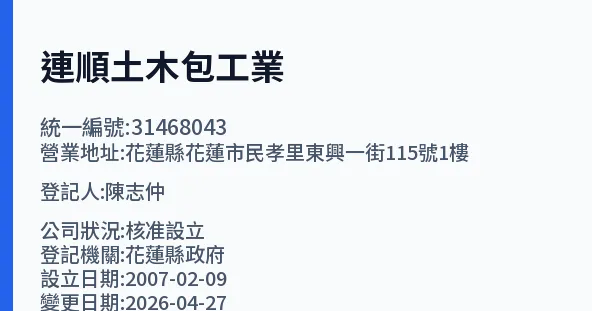 連順土木包工業的照片-統編 31468043(花蓮縣) 公司登記資料與營業項目詳細圖表