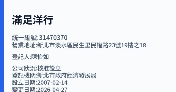滿足洋行的照片-統編 31470370(新北市) 公司登記資料與營業項目詳細圖表