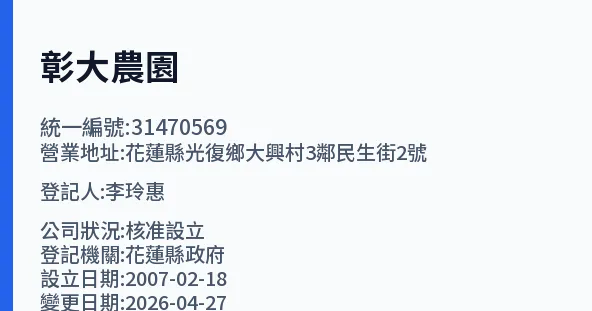 彰大農園的照片-統編 31470569(花蓮縣) 公司登記資料與營業項目詳細圖表