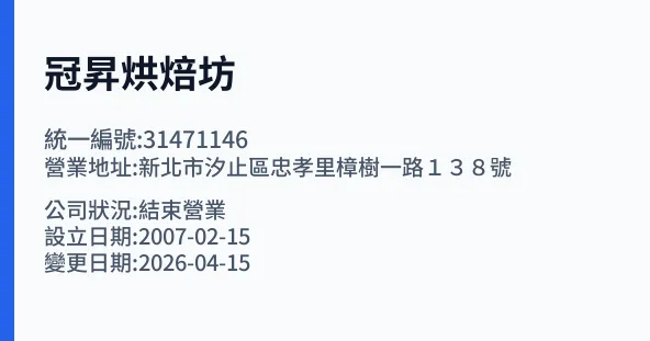 冠昇烘焙坊的照片-統編 31471146(新北市) 公司登記資料與營業項目詳細圖表
