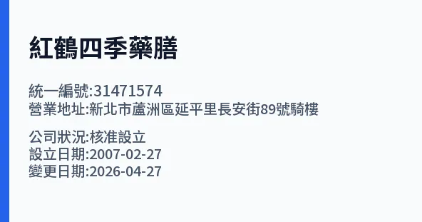 紅鶴四季藥膳的照片-統編 31471574(新北市) 公司登記資料與營業項目詳細圖表