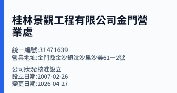 桂林景觀工程有限公司金門營業處的照片-統編 31471639(金門縣) 公司登記資料與營業項目詳細圖表