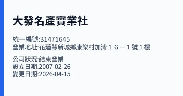 大發名產實業社的照片-統編 31471645(花蓮縣) 公司登記資料與營業項目詳細圖表