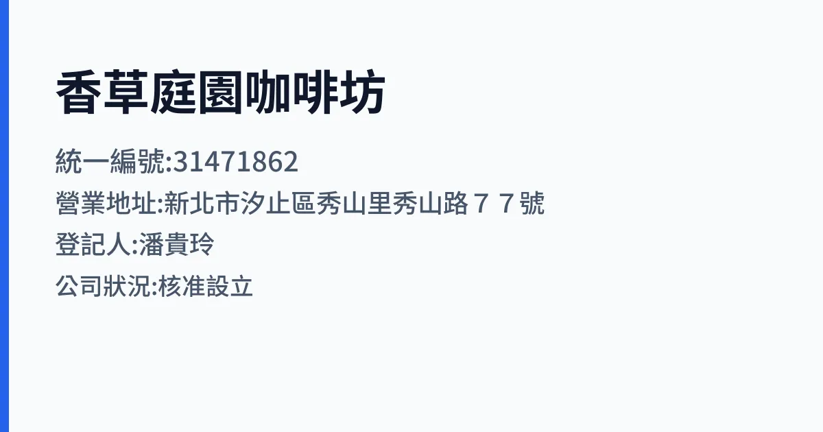 香草庭園咖啡坊 - 統編 31471862(新北市) 公司登記資料與營業項目詳細圖表