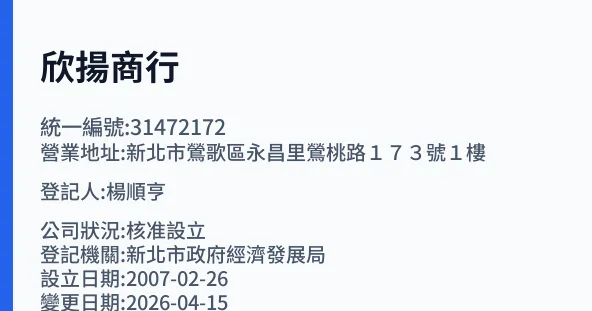 欣揚商行的照片-統編 31472172(新北市) 公司登記資料與營業項目詳細圖表