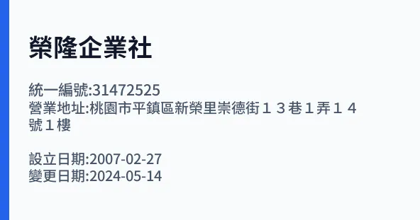 榮隆企業社的照片-統編 31472525(桃園市) 公司登記資料與營業項目詳細圖表
