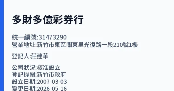 多財多億彩券行的照片-統編 31473290(新竹市) 公司登記資料與營業項目詳細圖表
