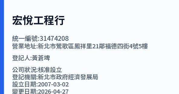 宏悅工程行的照片-統編 31474208(新北市) 公司登記資料與營業項目詳細圖表