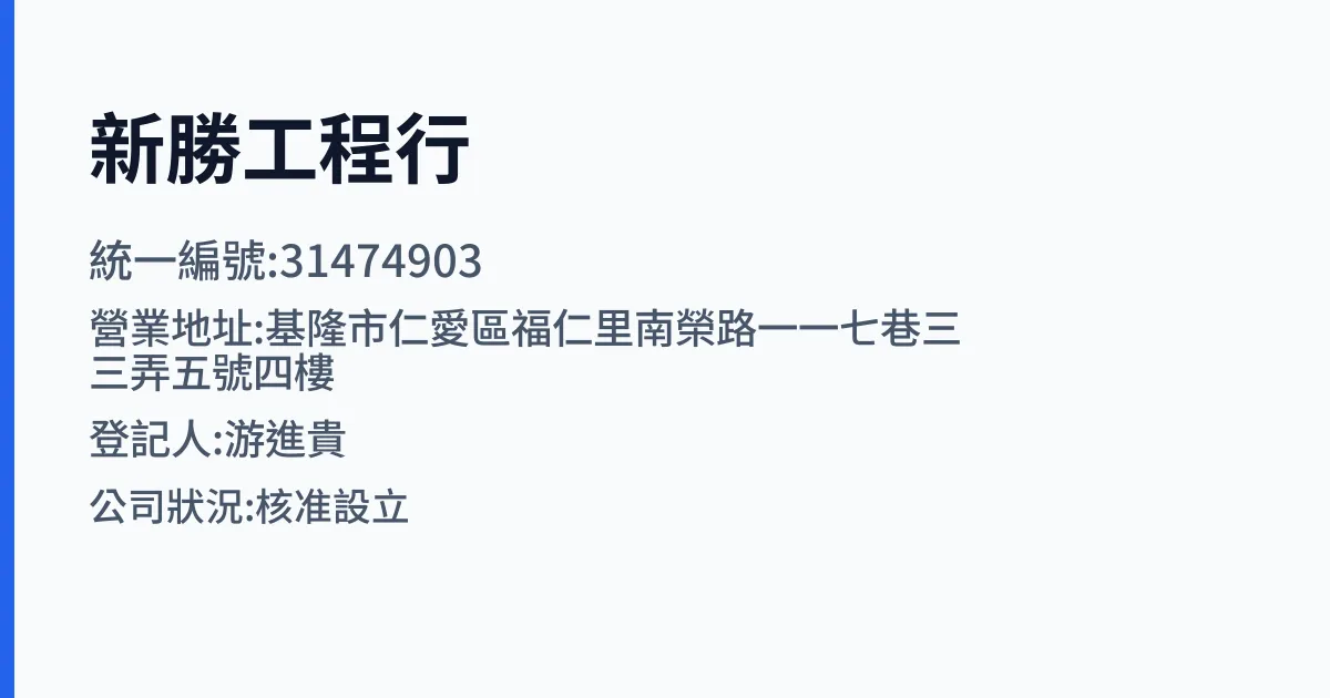 新勝工程行 - 統編 31474903(基隆市) 公司登記資料與營業項目詳細圖表