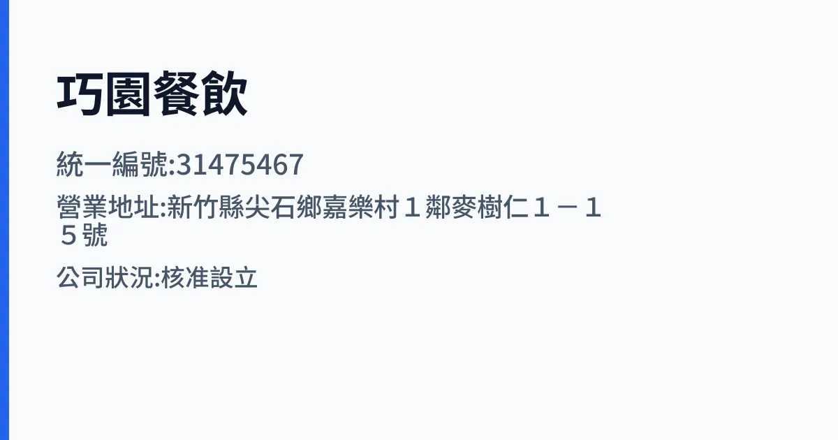 巧園餐飲 - 統編 31475467(新竹縣) 公司登記資料與營業項目詳細圖表