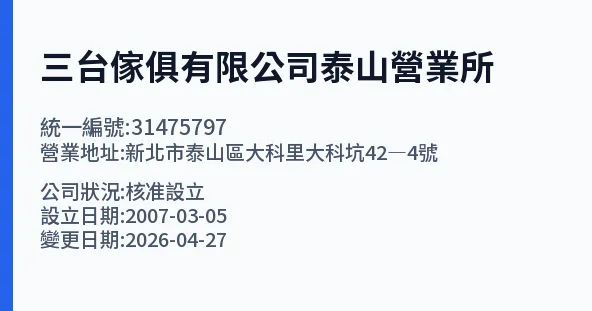 三台傢俱有限公司泰山營業所的照片-統編 31475797(新北市) 公司登記資料與營業項目詳細圖表