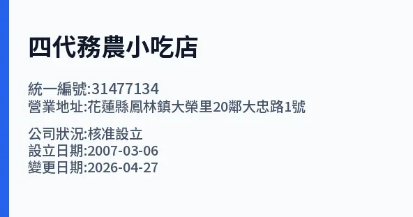 四代務農小吃店的照片-統編 31477134(花蓮縣) 公司登記資料與營業項目詳細圖表