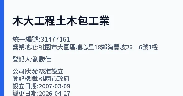 木大工程土木包工業的照片-統編 31477161(桃園市) 公司登記資料與營業項目詳細圖表