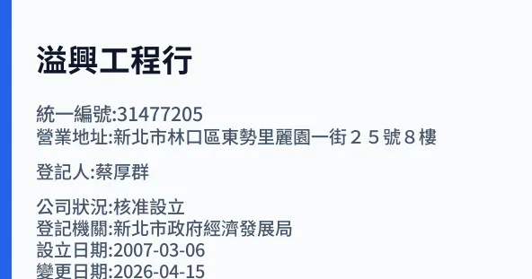 溢興工程行的照片-統編 31477205(新北市) 公司登記資料與營業項目詳細圖表