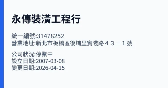 永傳裝潢工程行的照片-統編 31478252(新北市) 公司登記資料與營業項目詳細圖表