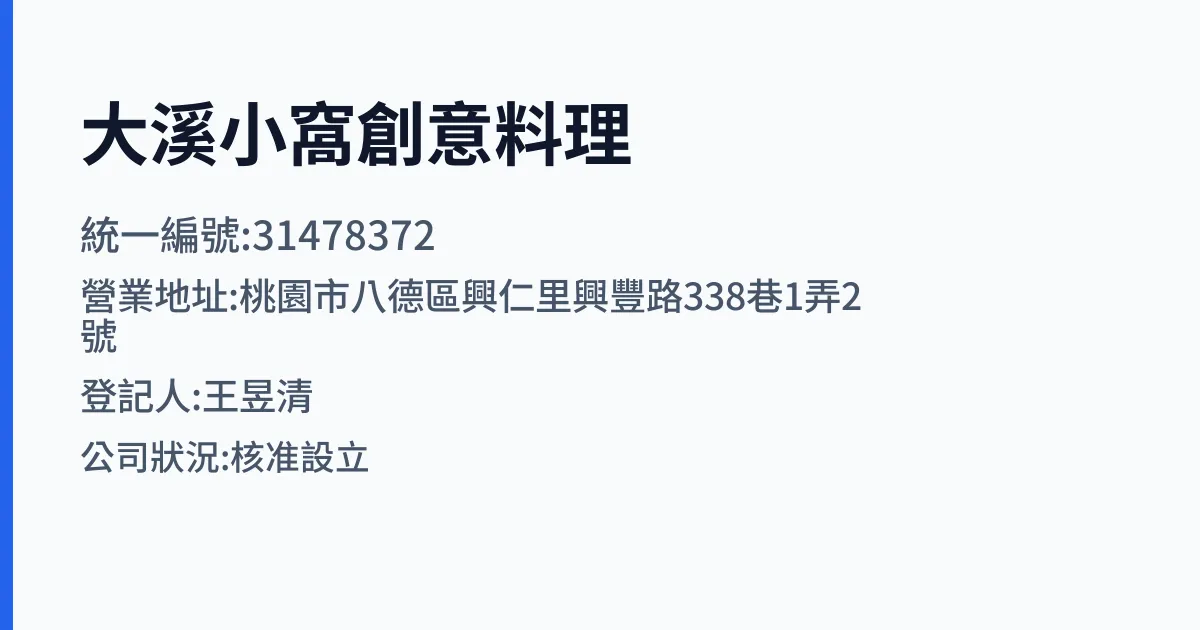 大溪小窩創意料理 - 統編 31478372(桃園市) 公司登記資料與營業項目詳細圖表
