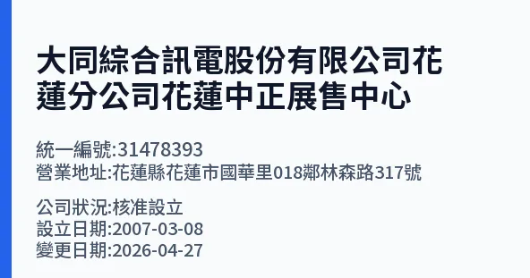 大同綜合訊電股份有限公司花蓮分公司花蓮中正展售中心的照片-統編 31478393(花蓮縣) 公司登記資料與營業項目詳細圖表