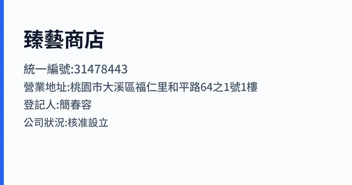 臻藝商店 - 統編 31478443(桃園市) 公司登記資料與營業項目詳細圖表