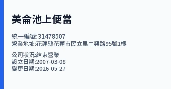 美侖池上便當的照片-統編 31478507(花蓮縣) 公司登記資料與營業項目詳細圖表