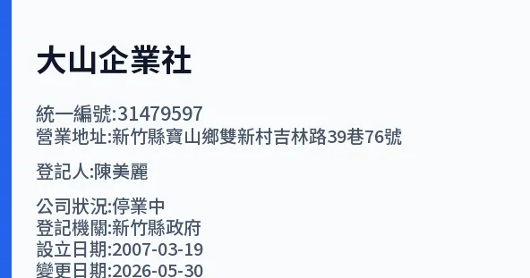 大山企業社的照片-統編 31479597(新竹縣) 公司登記資料與營業項目詳細圖表