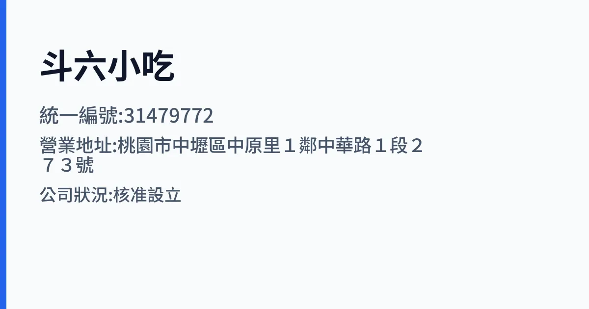 斗六小吃 - 統編 31479772(桃園市) 公司登記資料與營業項目詳細圖表