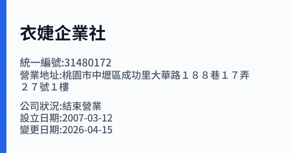 衣婕企業社的照片-統編 31480172(桃園市) 公司登記資料與營業項目詳細圖表