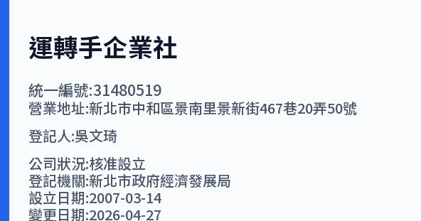 運轉手企業社的照片-統編 31480519(新北市) 公司登記資料與營業項目詳細圖表