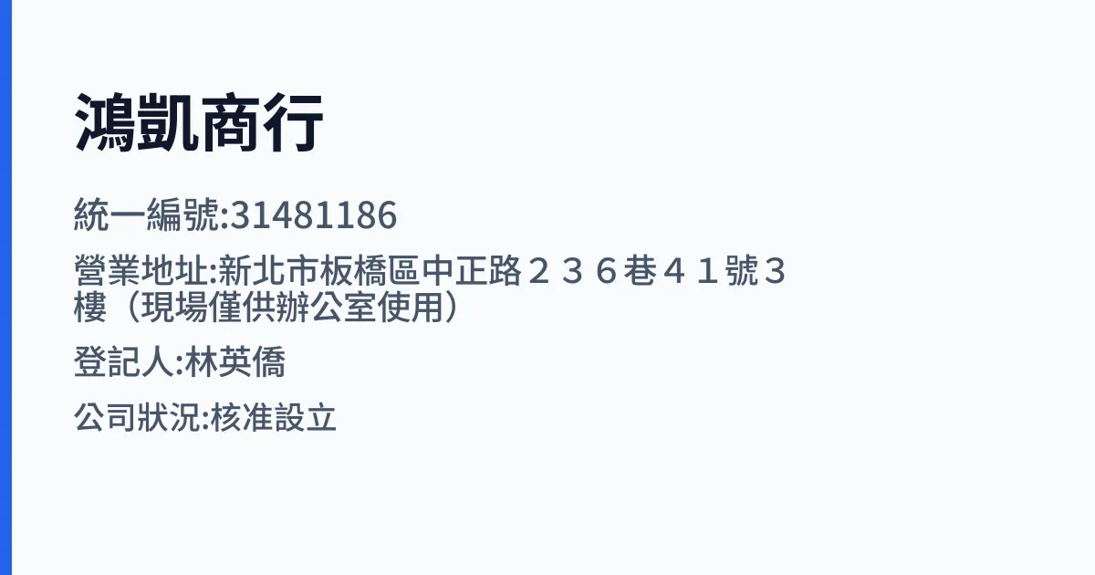鴻凱商行 - 統編 31481186(新北市) 公司登記資料與營業項目詳細圖表