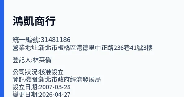 鴻凱商行的照片-統編 31481186(新北市) 公司登記資料與營業項目詳細圖表