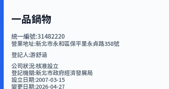 一品鍋物的照片-統編 31482220(新北市) 公司登記資料與營業項目詳細圖表