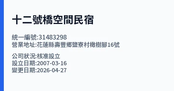 十二號橋空間民宿的照片-統編 31483298(花蓮縣) 公司登記資料與營業項目詳細圖表