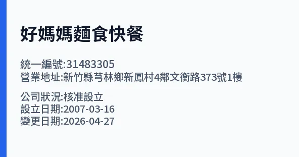 好媽媽麵食快餐的照片-統編 31483305(新竹縣) 公司登記資料與營業項目詳細圖表